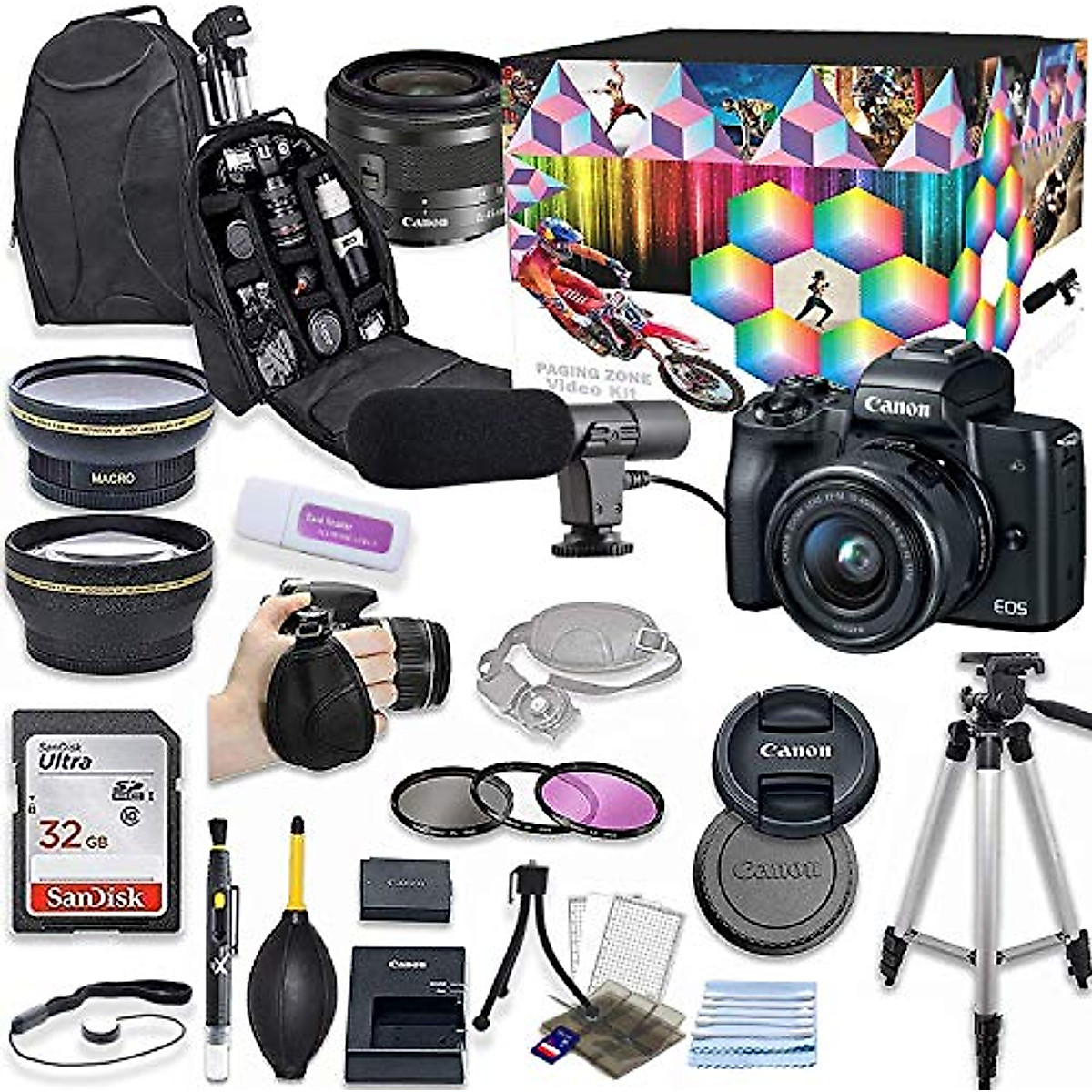 Canon EOS M50 Mirrorless Digital Camera with 15-45mm Lens Video Kit (Black) + Wide Angle Lens + 2X Telephoto Lens + SanDisk 32GB SD Memory Card + Accessory Bundle (Renewed)