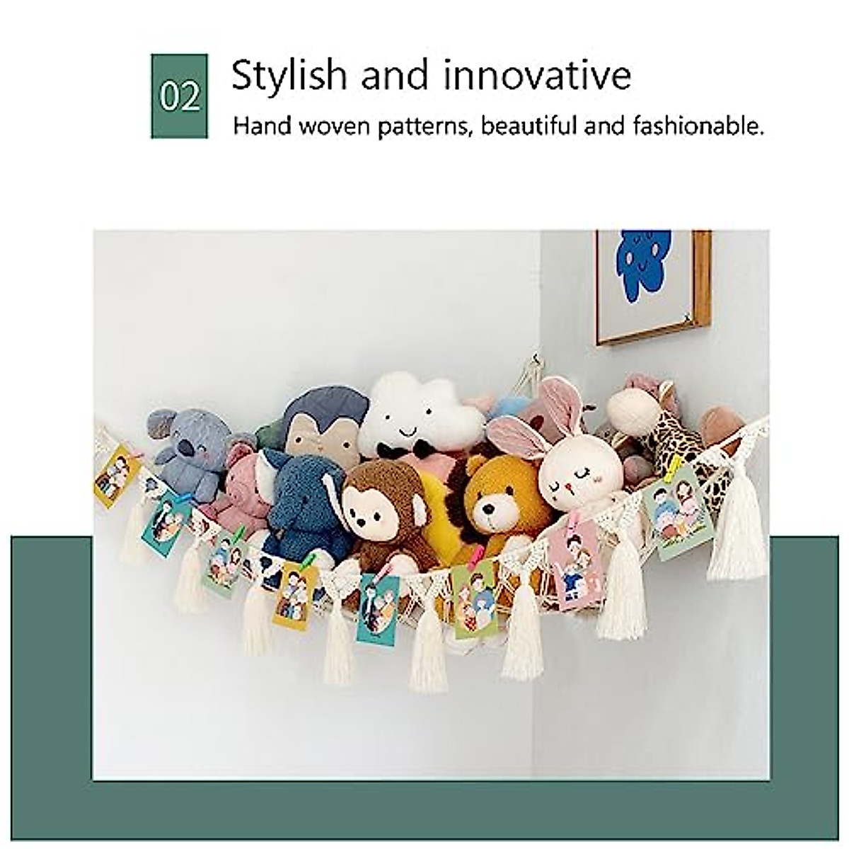 Stuffed Animal Toy Storage Hammock, BetterJonny Toy Hammock Macrame Stuff Animal Storage Corner Hanging Net Holder with Hanging Hardware for Plush Toys Kids Bedroom Décor 55 inch