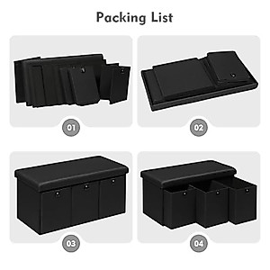 PINPLUS Storage Ottoman Bench with Drawers, 30inches Black Linen Fabric Folding Storage Chest Padded Seat Modern Dressing Stool, Footrest Shoe Bench for Bedroom Bathroom Living Room Entryway Offices