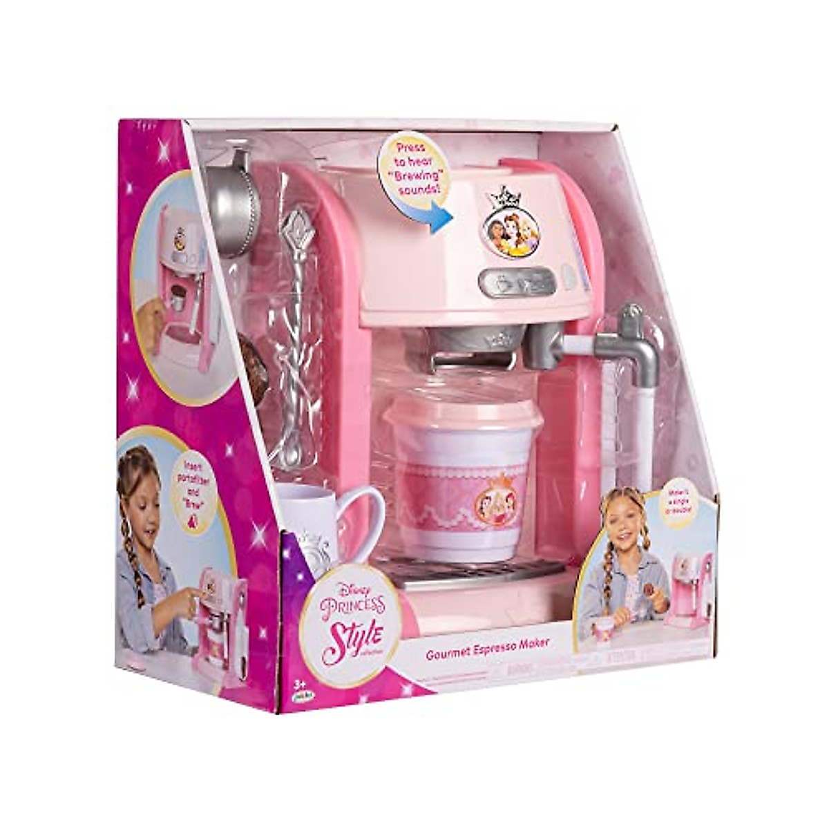 Disney Princess Style Collection Toy Espresso Machine for Kids, Coffee Maker Play Kitchen Accessories Gift for Girls & Kids