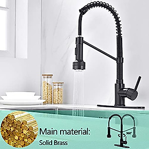 Kemino Matte Black LED Kitchen Faucet with Pull Down Sprayer, Lead-Free Solid Brass Spring Kitchen Sink Faucet with LED Light Commercial with Deck Plate (Matte Black)