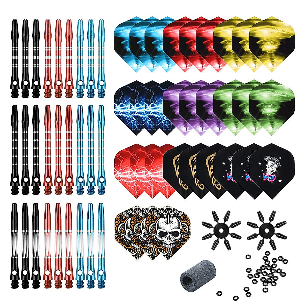 Tezoro Dart Accessories Kit Including Aluminum Dart shafts,Dart Flights, Flight Savers, Sharpener, O-Rings -Bulk Pack of 104 Pieces