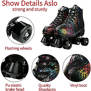 LEAFIS Roller Skates Classic High-top for Adult Outdoor Skating Light-Up Four-Wheel Roller Skates Shiny Roller Skates for Women (Lightning Black Flash Wheel,38 / US 6.5)