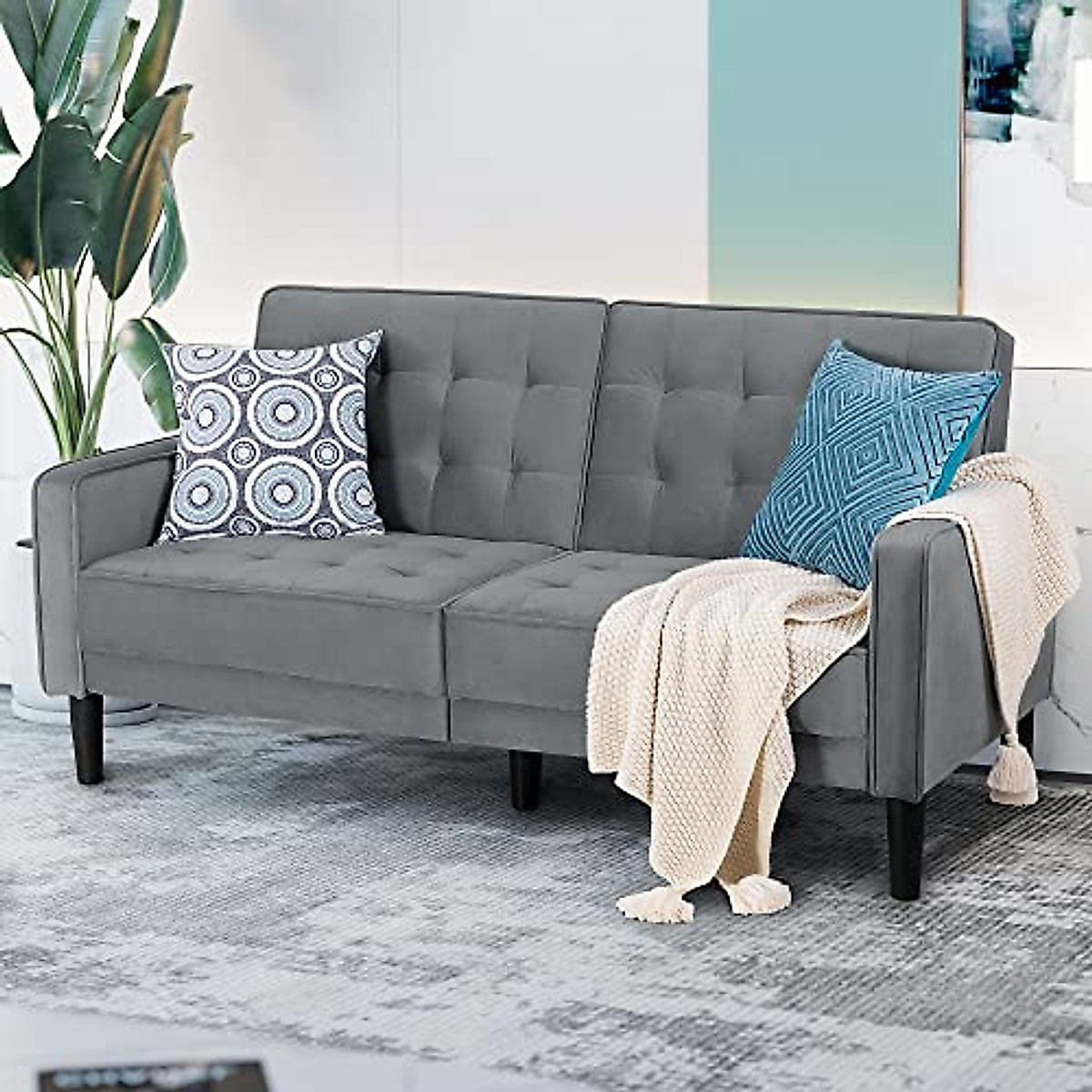 Walsunny Modern loveseat Couch, Mid-Century Velvet Upholstered Futon Sofa Bed, Fold Up/Down Adjustable Sleeper Sofa for Living Room, Bedroom, Apartment(Grey)