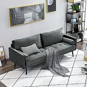 Vonanda Velvet Sofa Couch, Mid Century Modern Craftsmanship 73 inch 3-Seater Sofa with High-Density Sponge Comfy Soft Cushions and 2 Bolster Pillows for Compact Living Room, Grey
