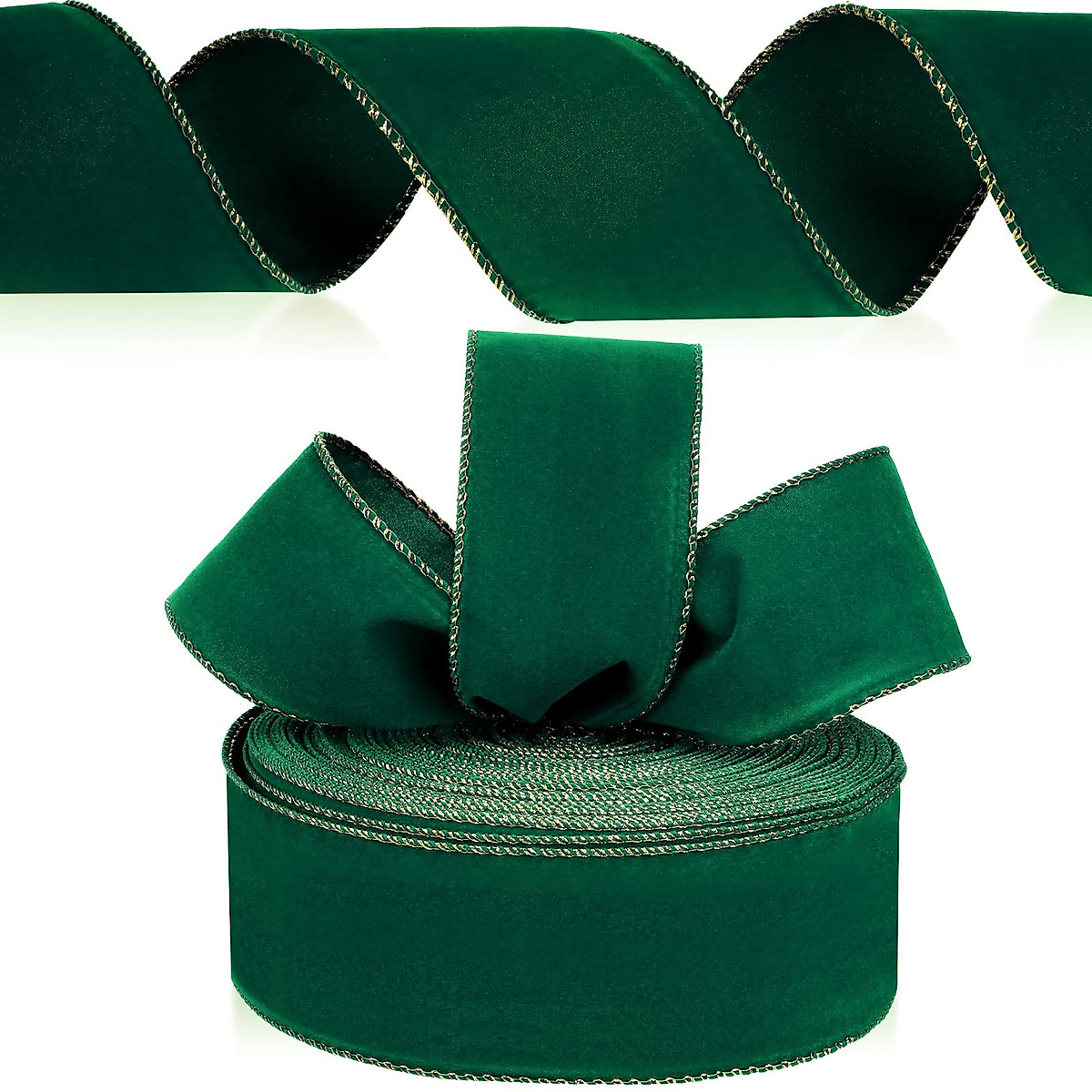 Yungyan Velvet Ribbons with Gold Edge Felt Ribbon Gift Bow Wrapping Ribbon Waterproof for Handmade, Home Decor, Gift Wrapping, Wreath DIY Crafts, Christmas Tree(Green,2.5 Inch X 60 Yards)