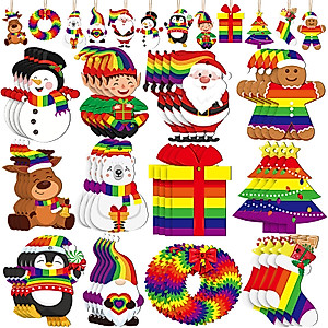 Soaoo 48 Pcs Christmas LGBT Pride Wood Hanging Ornaments Rainbow Pendant LGBTQ Ornaments Gay Pride Wooden Holiday Decorations Rainbow Slices Tags for Pride Party Christmas Tree Decor, 12 Styles