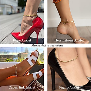 NECOCY Gold Ankle Bracelets for Women,14K Real Gold Plated Anklets Herringbone Figaro Flat Mariner Dainty Layered Anklet Set 3pcs Cute Summer Beach Chain Anklets for Women