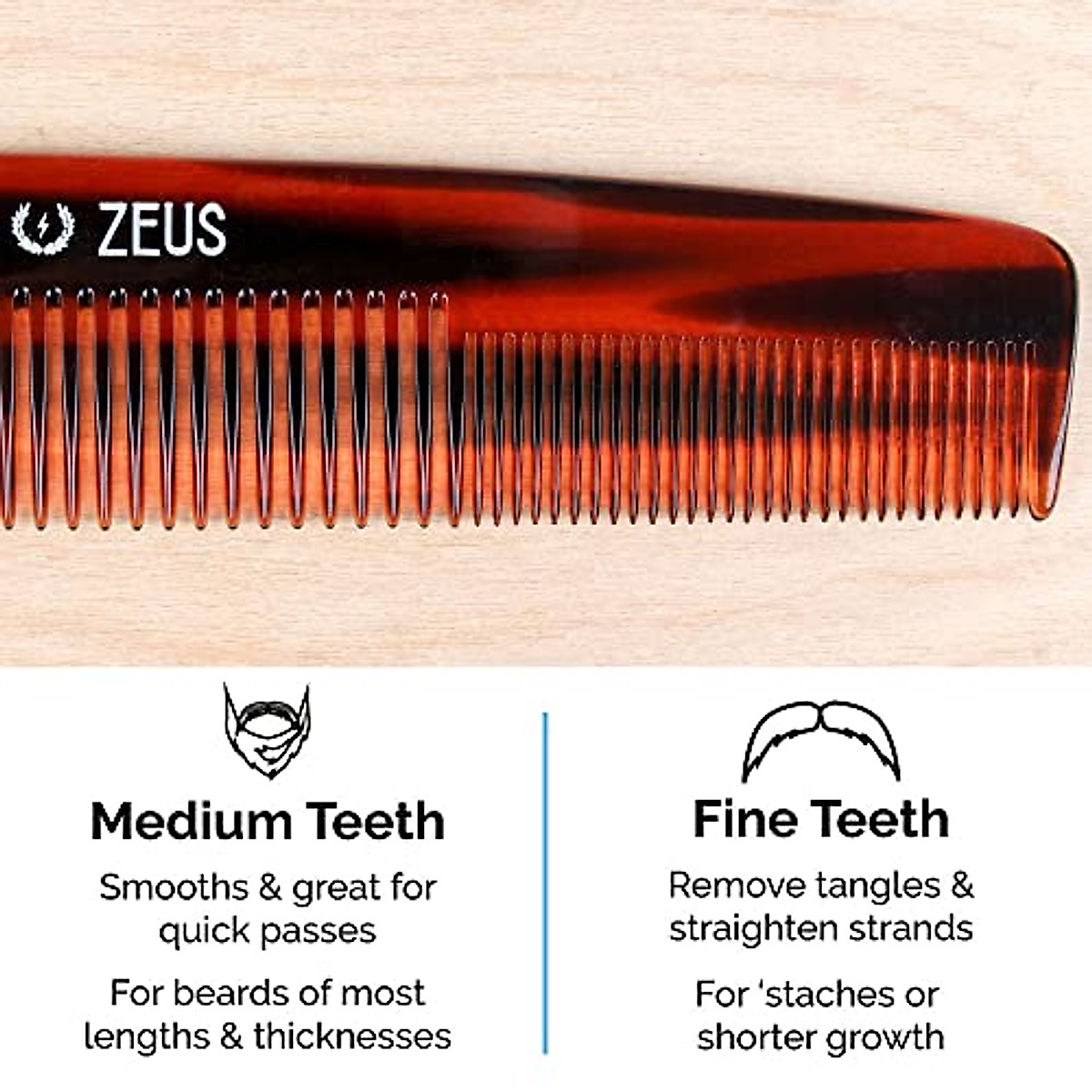 ZEUS Handmade Saw-Cut 2-in-1 Beard Comb – 7.5” Mustache & Beard Comb (Traditional) C11