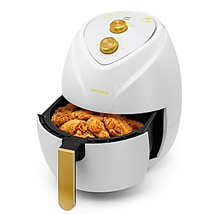 Holstein Housewares 4.8QT Air Fryer - Convenient and User Friendly with Optimal Cooking Functions to Fry, Bake, Grill and Roast, White and Gold Color. Golden Elegance