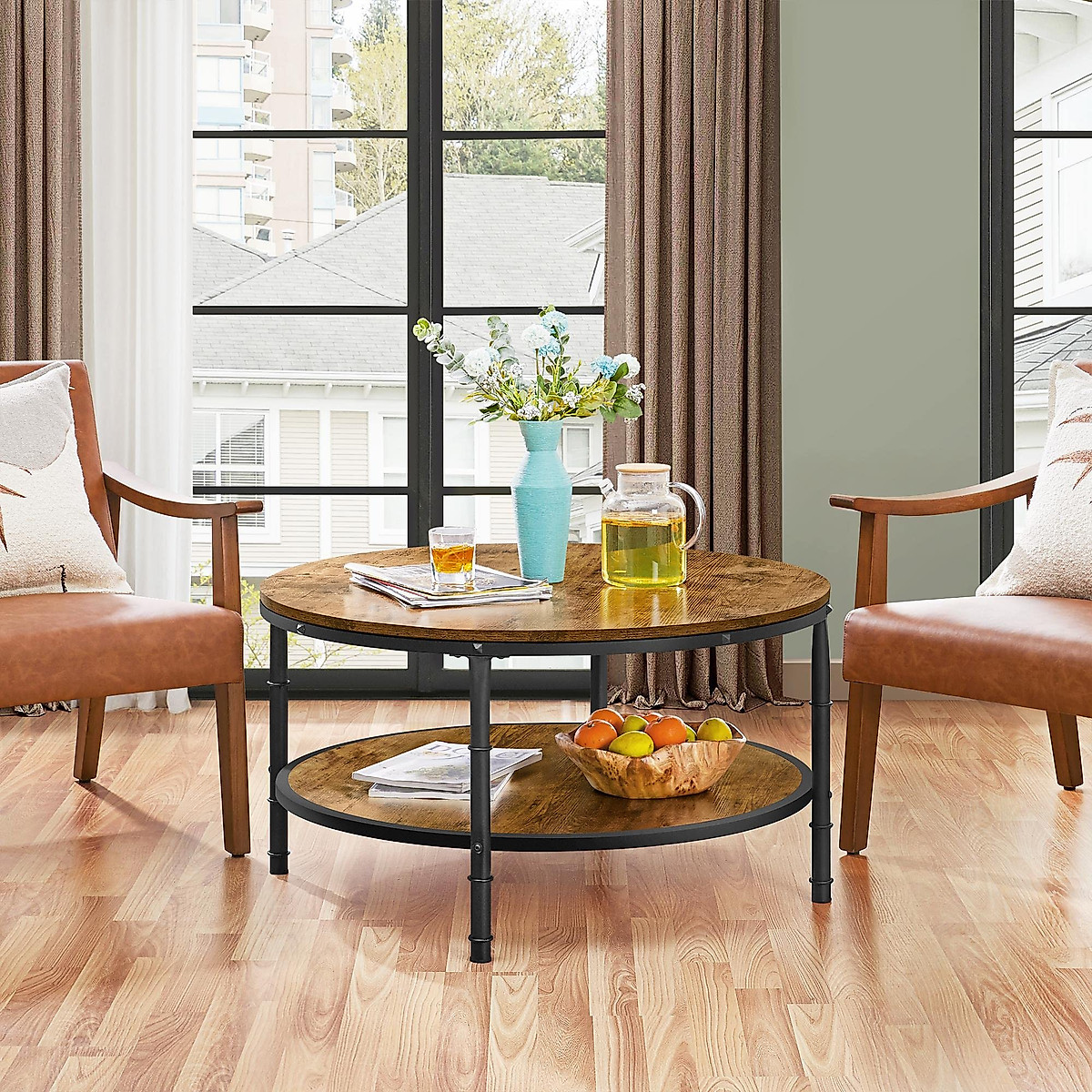 Yaheetech 35" Round Coffee Table for Living Room, 2-Tier Rustic Brown Wooden Coffee Table with Open Storage Shelf for Small Space, Apartment & Office