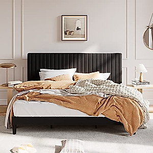 SHA CERLIN King Upholstered Platform Bed Frame with Adjustable Headboard/Vertical Channel Tufted Velvet Fabric/Wooden Slats Support/Mattress Foundation/Box Spring Optional/Black