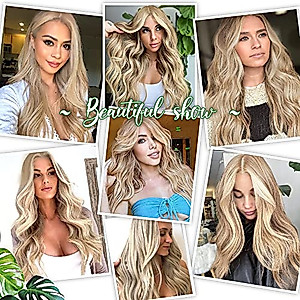 OMELPIS Stylish Long Blonde with Highlights Wavy Wig Middle Part Curly Natural Heat Resistant Fiber Synthetic Wig for Women Girls Daily Party Holiday Festival Chrismas Travel Use (26 Inches/66cm)