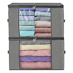 Foldable Large Clothes Comforter Soft Storage Bags, Breathable Linen Closet Storage and Organizers for Blankets, with Sturdy Zippers Clear Window, Set of 2 Grey with Printing