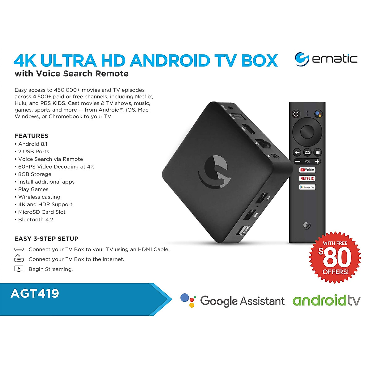 Ematic 4K Ultra HD Android TV Box with Built-in Chromecast + Netflix. Dual-Band Wi-fi (802.11AC) Model: AGT419