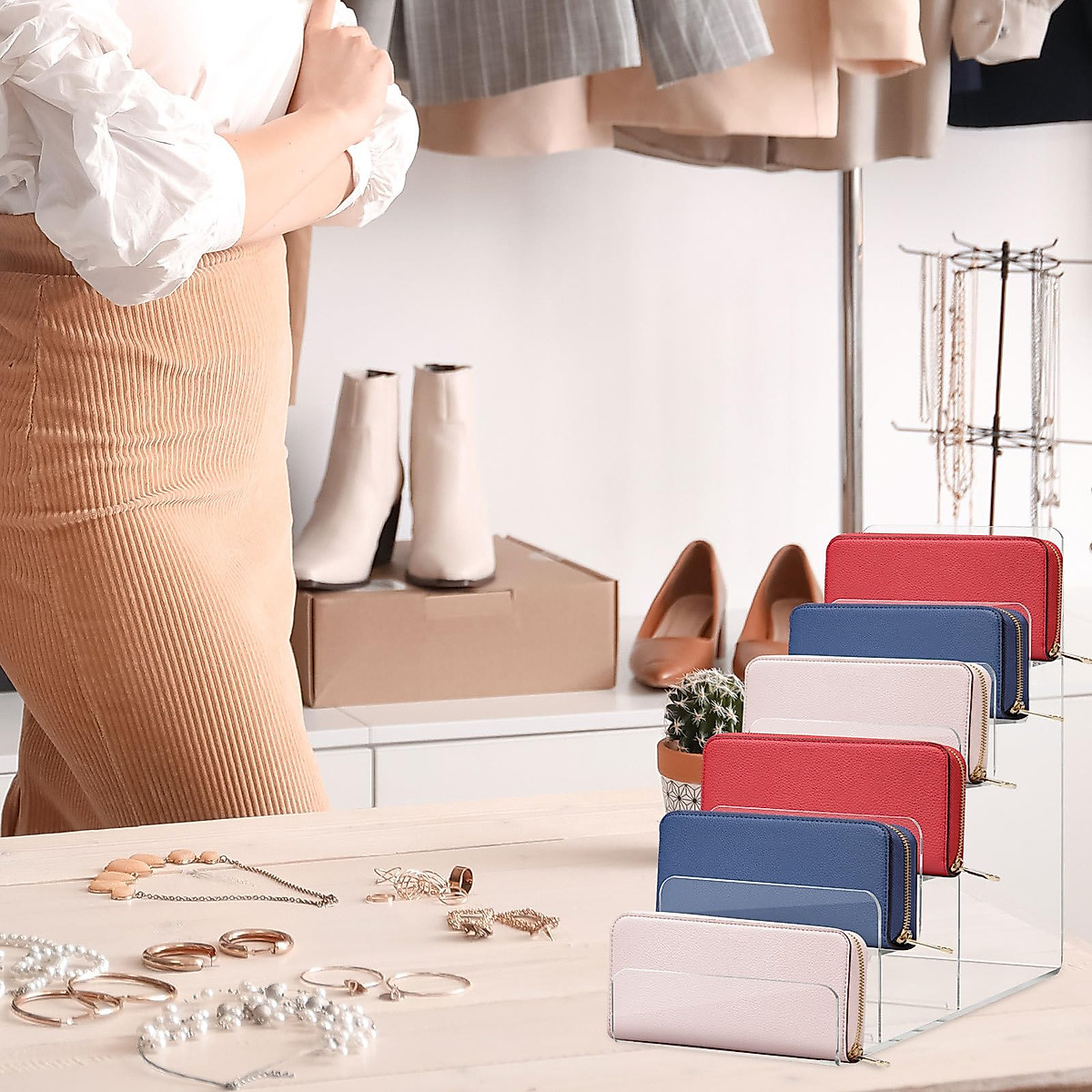 DOITOOL 6-Tier Purse Display Stand,Acrylic Display Riser Shelf Wallet Organizer,Handbag Display Stand Holder,Perfume Organizer Clear Retail Display Stands