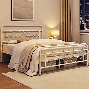 Topeakmart Queen Bed Frames Metal Platform Bed with Sparkling Star-Inspired Design Headboard and Footboard/13 Inch Underbed Storage/No Box Spring Needed/Sturdy Slat Support, White Queen Bed