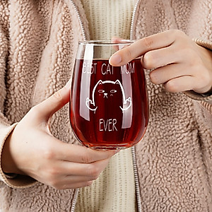 Gtmileo Best Cat Mom Ever Wine Glass - Funny Mom Stemless Wine Glass 15Oz - Mother's Day Gift for Mom New Mom Cat Mom Cat Lovers Cat Owner, Ideal Birthday Christmas Gag Gift from Kids Husband Friends