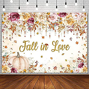AIBIIN 7x5ft Fall in Love Backdrop Autumn Wedding Engagement Bridal Shower Party Decorations for Couple Pumpkin Gold Maple Leaf Burgundy Pink Floral Photography Background Banner Photo Shoot Props