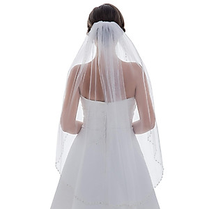 1T Rhinestone Pearl Sequin Beaded Wedding Veil (Fingertip Length 36", Light Ivory)