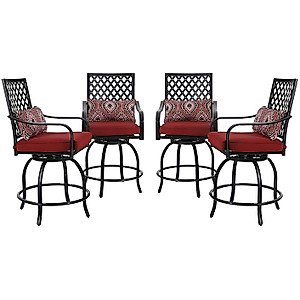 MFSTUDIO 4 PCS Outdoor Swivel Bar Stool, Patio Counter Height Bar Chair with Cushion and Armrest, Red