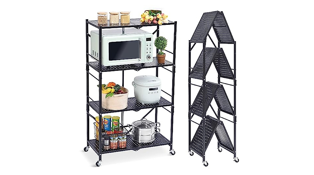 TOOLF Foldable 4-Tier Storage Rack - Space-Saving, Lockable Wheels