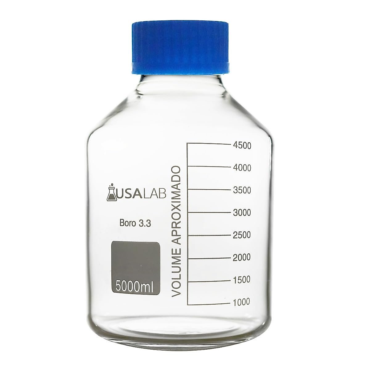 USA LAB 5000 ML Round Wide Mouth Media Bottle with GL80 Screw Cap, Clear 3.3 Borosilicate Glass Bottles for Scientific Solution Storage, Multi Purpose Science Labs Solvent Container