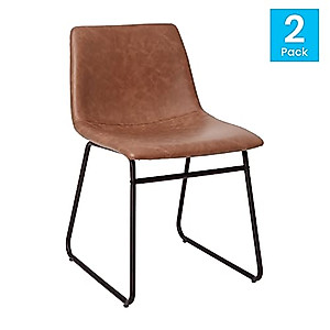 Flash Furniture Butler 18 Inch Commercial Grade LeatherSoft Dining Table Height Chair, Mid-Back Black Sled Base with Light Brown LeatherSoft Upholstery, Set of 2