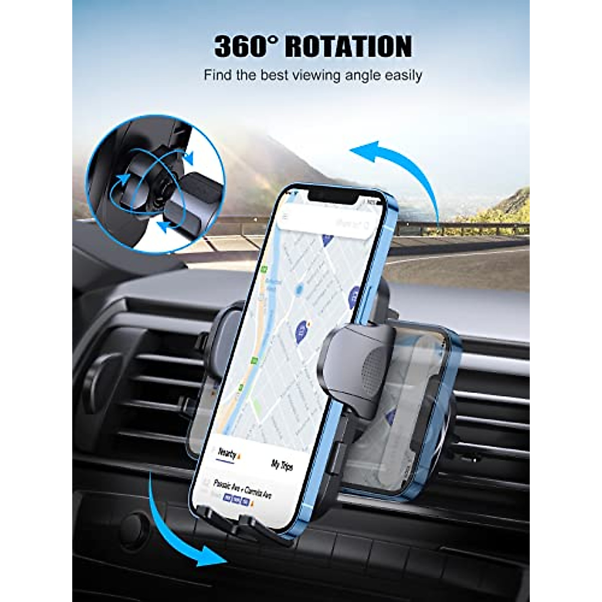Cezuly Phone Mount for Car, [Upgraded] Vent Clip Car Phone Holder 360° Rotatable, Ultra Stable Car Phone Holder Mount Cradle Compatible with iPhone 14 Pro/Samsung Galaxy, All 4”-7” Large Cell Phones