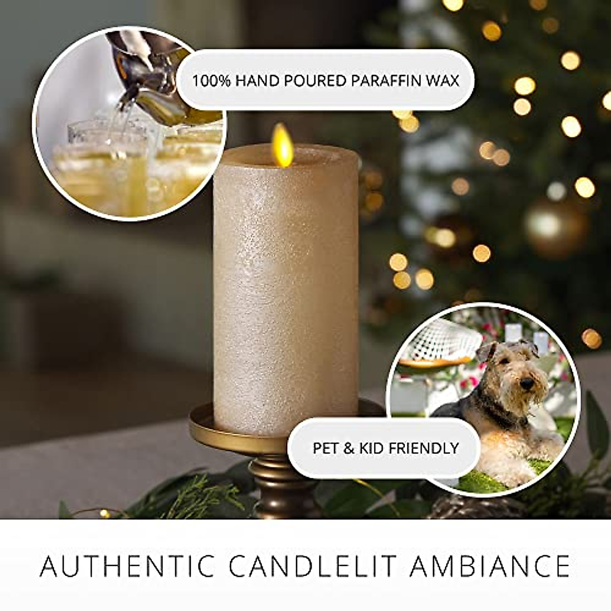 Luminara Realistic Artificial Flame Frosted Champagne Metallic Glitter Candle (3 x 6.5-inch) Moving Flame LED Battery Operated Lights - Unscented - Remote Sold Separately