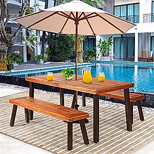 Tangkula Outdoor Acacia Wood Bench, Patio Dining Bench Picnic Bench with Steel Legs, Wooden Bench for Porch Garden Poolside Living Room Balcony, Ideal for Indoor & Outdoor Use (1, Teak)