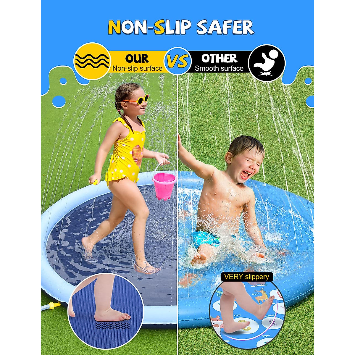 VISTOP Non-Slip Splash Pad for Kids and Dog, Thicken Sprinkler Pool Summer Outdoor Water Toys - Fun Backyard Fountain Play Mat for Baby Girls Boys Children or Pet Dog (67 inch, Blue&Blue)