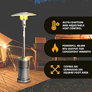 Four Seasons Courtyard 48,000 BTU Freestanding Portable Outdoor Heater for Patio and Backyard with Adjustable Temperature Control, Silver