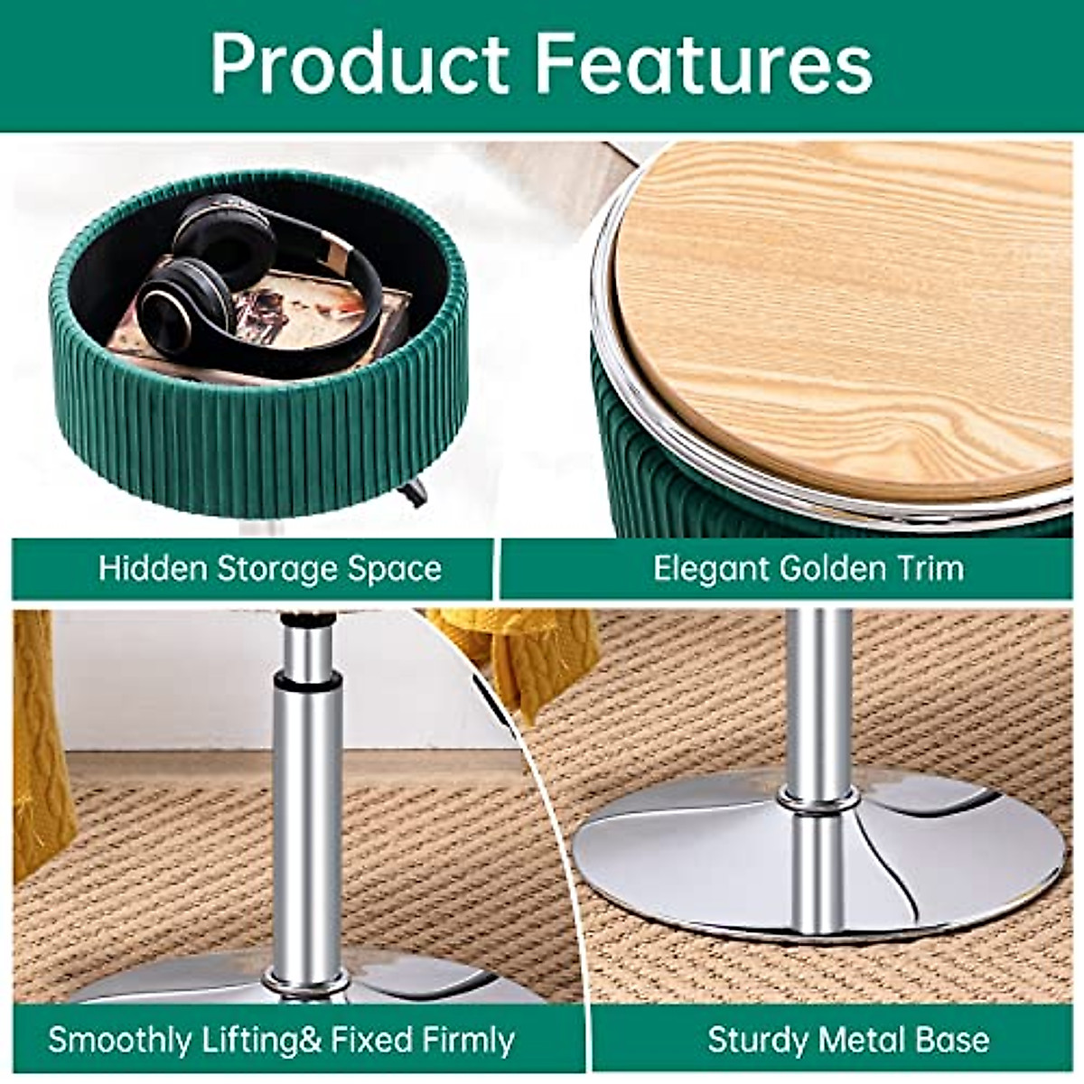 Round Storage Vanity Stool, 360°Swivel Height Adjustable Stool Chair, Emerald Vanity Stool Chair for Makeup Room, Velvet Stool for Vanity With Storage, Vanity Ottoman Chair for Bathroom Living Room