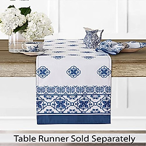 Newbridge Mykonos Blue Mediterranean Tile Bordered Fabric Tablecloth - Blue Medallion Print Indoor/Outdoor, Stain Resistant, No-Iron Tablecloth, 52 Inch x 70 Inch Oblong/Rectangle