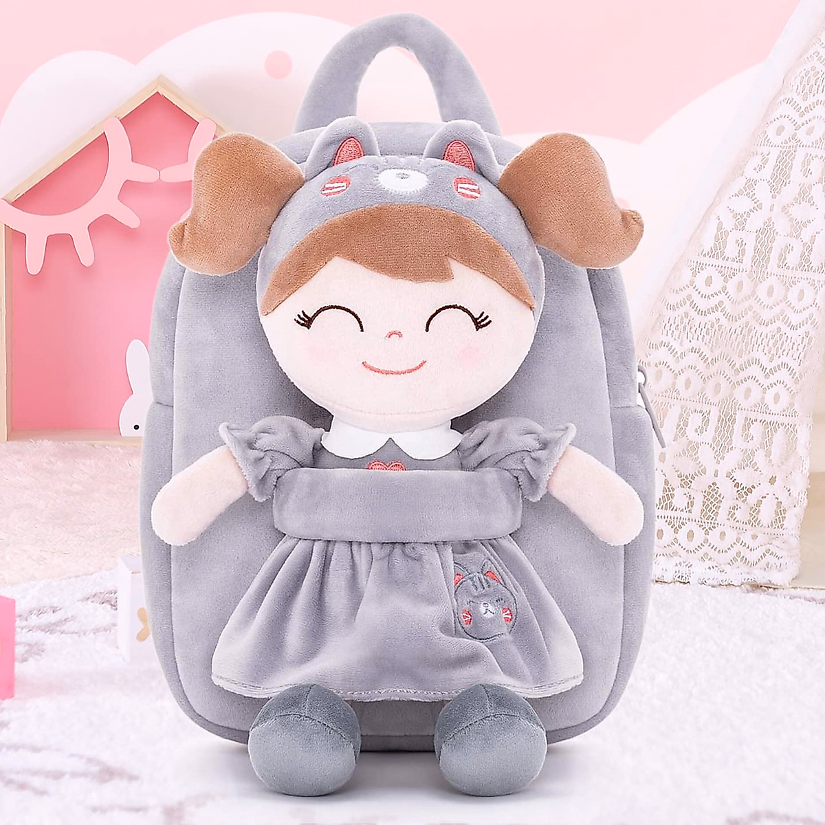 Gloveleya Cat Backpack Toddler Backpack Soft Plush Backpack with Plush Doll Gray