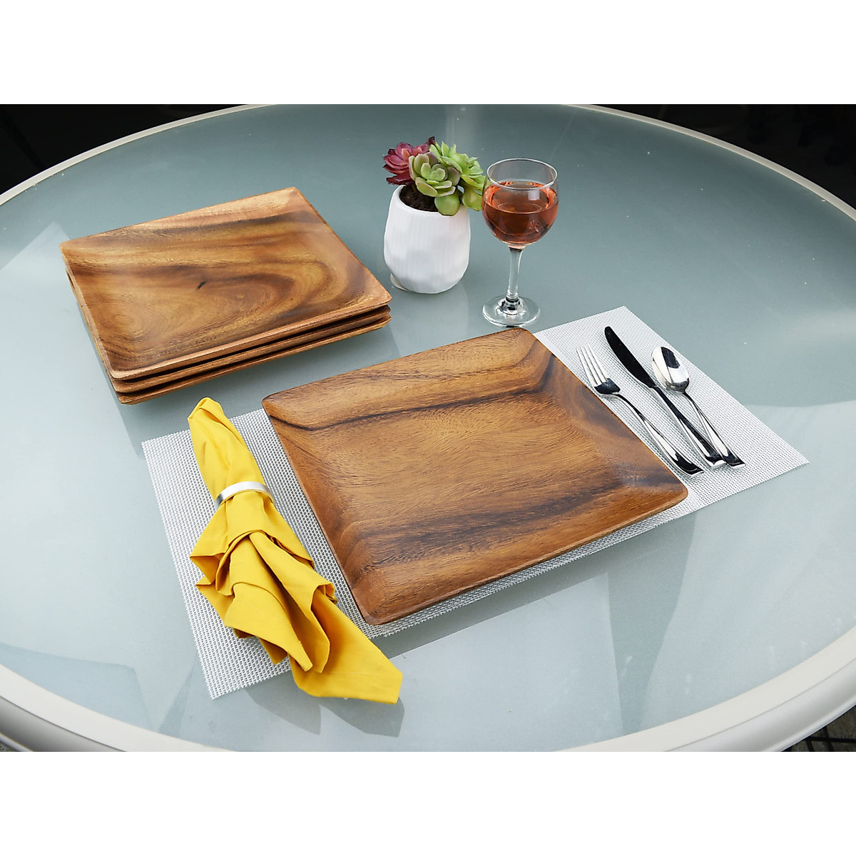 Pacific Merchants Acaciaware Acacia Wood Square Plate, Set of 4, 12" by .75". Sustainable, Hand Made, Large Square Tray For Charcuterie, Appetizers, Cheese, Sushi.