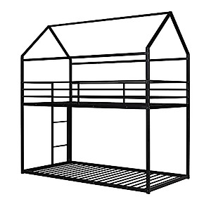 Lifeand Twin Over Twin Bunk Beds for Kids,Metal House Bunk Bed Frame with Built-in Ladder,No Box Spring Needed,Black