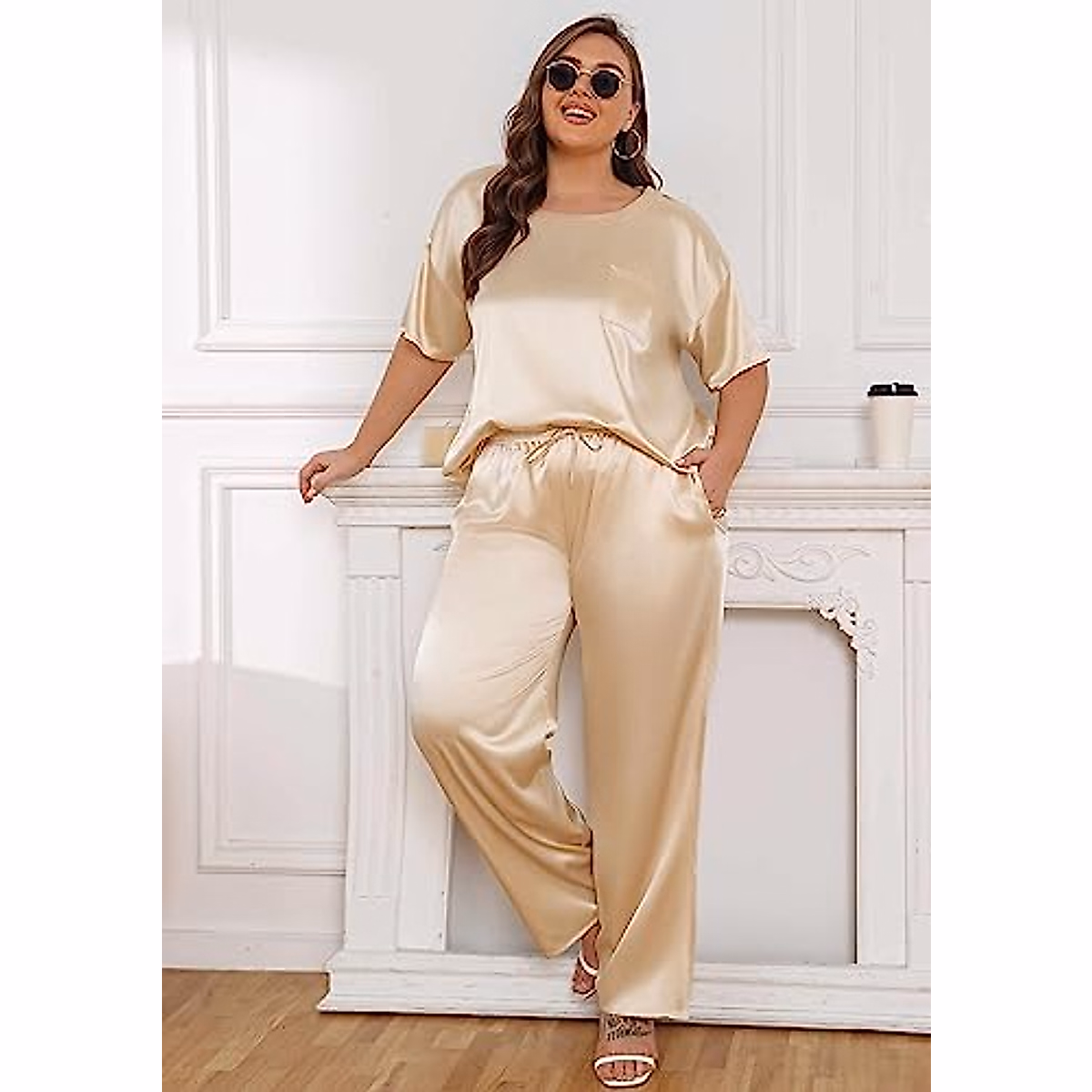 Ekouaer Women Plus Size Pajamas Silk Satin Pajama Pants Set Pjs for Women Satin Loungewear Sleepwear Lounge Set Champagne 18W
