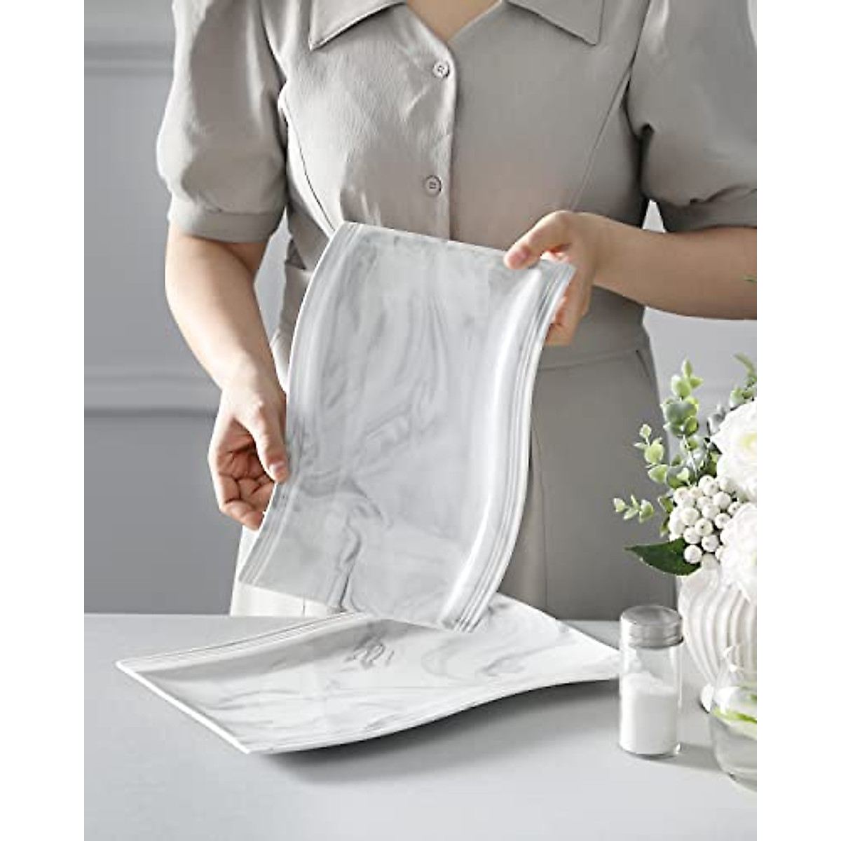 MALACASA Serving Platter, 13/11inch Serving Dishes for Entertaining, Porcelain Rectangular Trays for Party Banquet Sushi Dessert Appetizer Christmas Housewarming Gift, Marble Grey, Series Flora