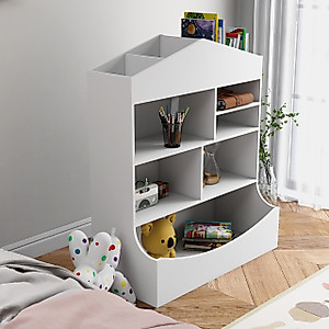 RASOO Kids Bookshelf with Storage Toy Storage Organizer with Bookcase, 4-Tier Freestanding Open Multi-Bins Toys&Books Display Organizer for Playroom, Bedroom, Nursery, School, White