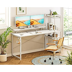 ODK Computer Desk with Storage Shelves and Monitor Stand, 55 Inch Writing Desk with Bookshelf, Reversible Study Table for Home Office, Small Space Bedroom, White