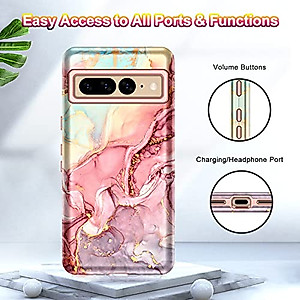 Btscase Case, Marble Pattern 3 in 1 Heavy Duty Shockproof Full Body Rugged Hard PC+Soft Silicone Drop Protective Women Girl Covers for Google Pixel 7 Pro (2022), Rose Gold