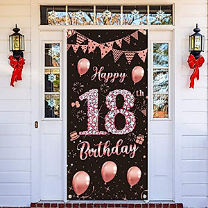 Lnlofen 18th Birthday Door Banner Decorations for Girls, Large 18 Year Old Birthday Party Door Cover Backdrop Supplies, Happy Eighteen Birthday Poster Sign(Rose Gold)