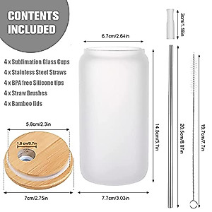 WindMage 4 packs 16 oz Frosted Sublimation Glass Cans Blanks with Bamboo Lid, Stainless Straw, Brush, Silicone Tip, Reusable Drinking Beer Cans Iced Coffee Glasses Jar Tumbler Cups