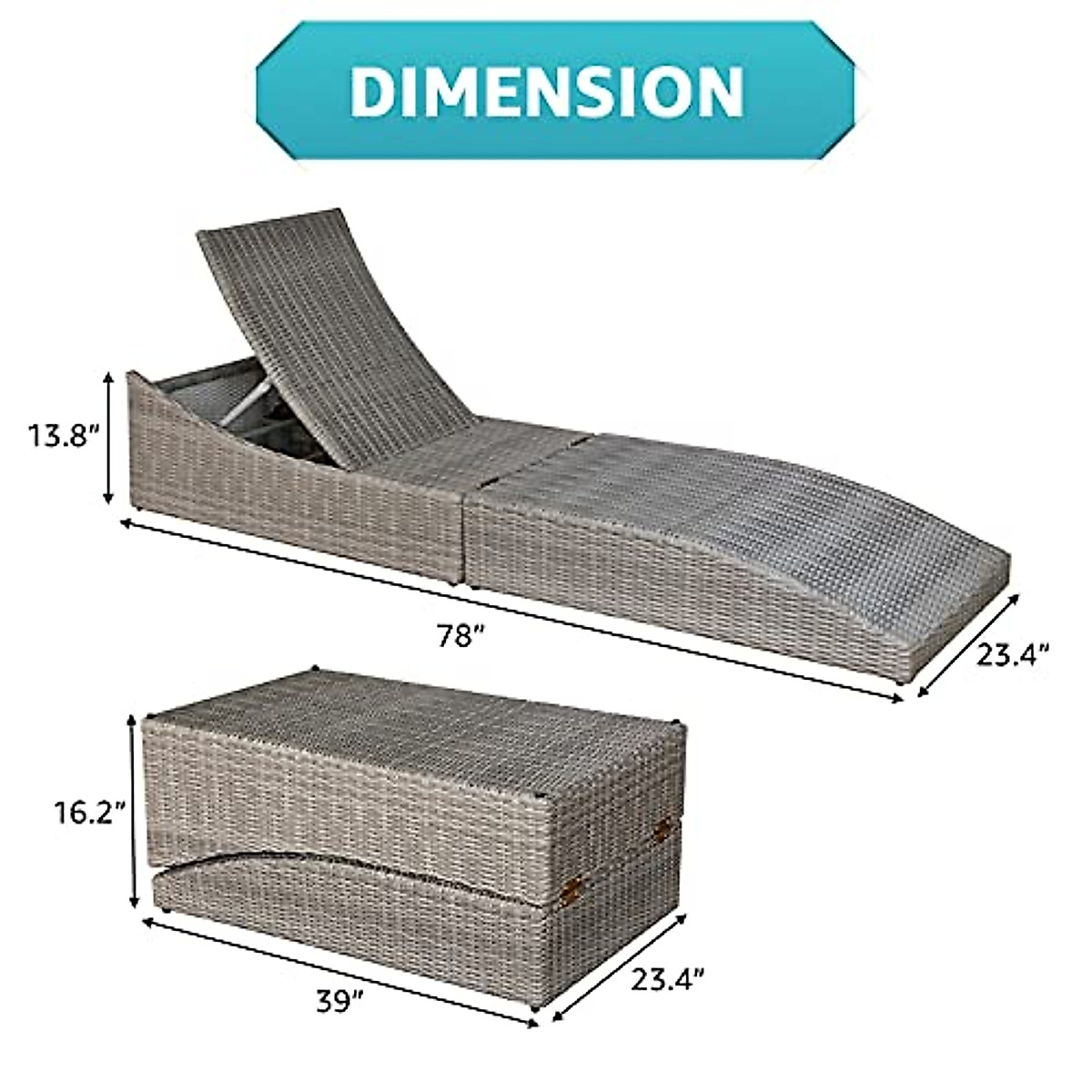 Soleil Jardin Folding Outdoor Adjustable Chaise Lounge Chair with Removable Cushion, Fully Assembled, Patio PE Rattan Reclining Lounger for Pool Beach, Dark Gray