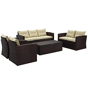 Thy-Hom Rio 5 Piece Outdoor Patio Furniture Sets, Patio Furniture Outdoor Sectional Sofa, All Weather Woven Wicker Patio Sofa Brown PE Rattan Patio Conversation Set w/Cushion and Table