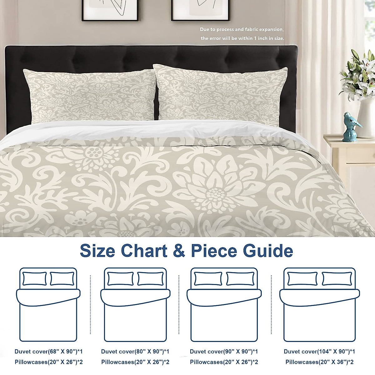 Batmerry Begie Plant Floral Twin Size 3 Pieces Bedding Comforter Cover Sets,Soft Fluffy Pastels Flowers Foliage Pattern Printed Duvet Cover for All Season