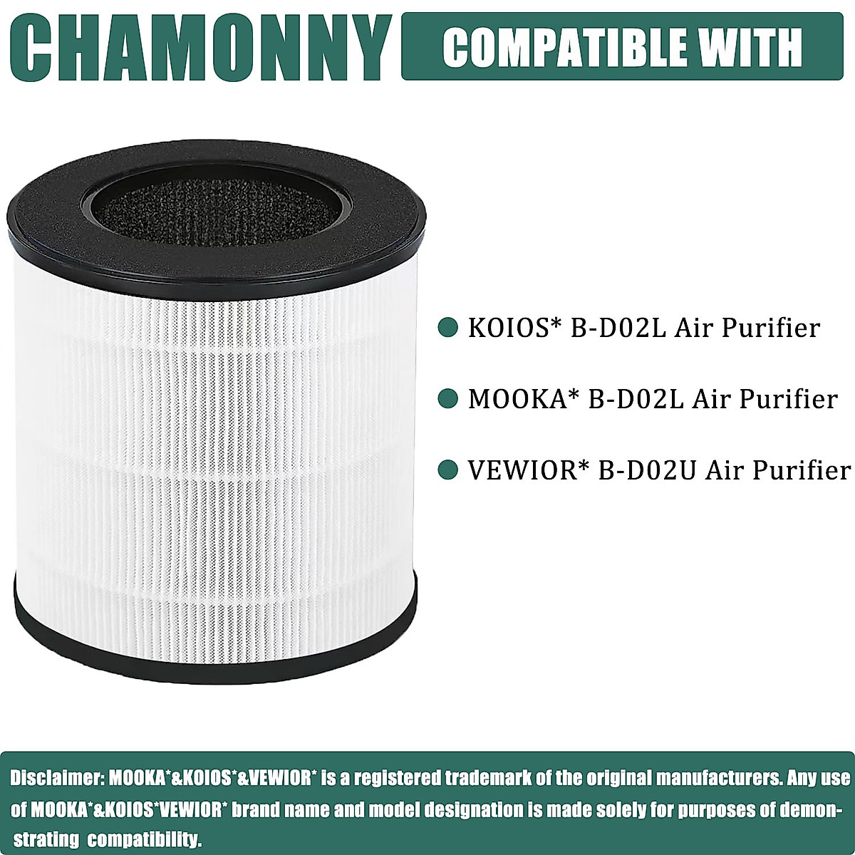 CHAMONNY B-D02U Filter Replacement, Compatible with VEWIOR B-D02U Air Purifier and MOO-KA B-D02L and KOIOS B-D02L Air Purifier, 3-in-1 H13 True HEPA Filter and Activated Carbon Filter, 4Pack