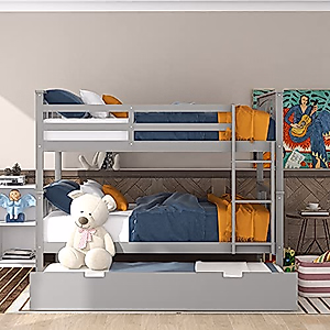 LCH Bunk Bed,Full Over Full Size Bunk Bed with Twin Size Trundle and Ladder for Bedroom,Guest Room and Dorm,Mutifunctional Bunk Bed for Kids,Adults,Teens,No Box Spring Needed,Gray